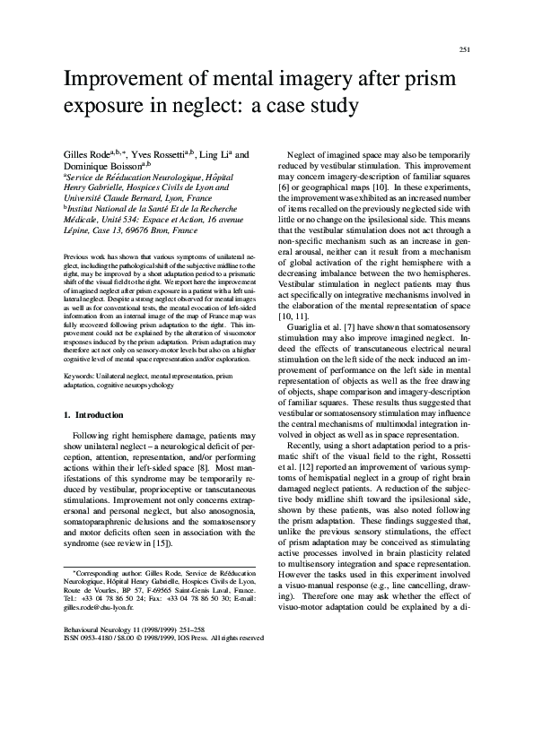 (PDF) Improvement of Mental Imagery after Prism Exposure in Neglect: A ...