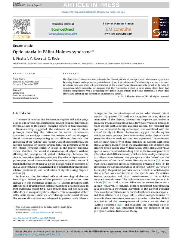 (PDF) Optic ataxia in Bálint-Holmes syndrome