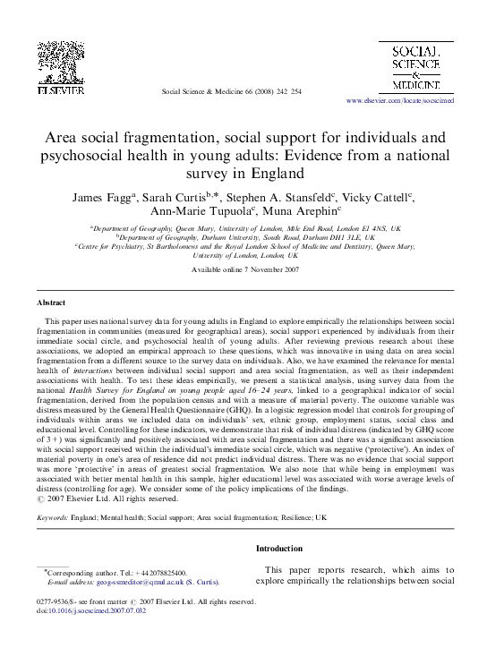 (PDF) Area social fragmentation, social support for individuals and ...