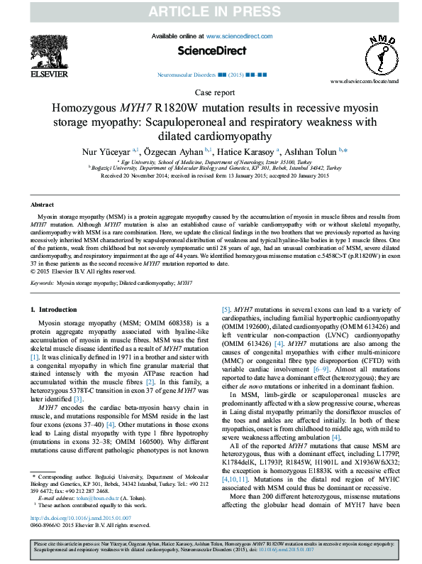 (PDF) Homozygous MYH7 R1820W mutation results in recessive myosin ...