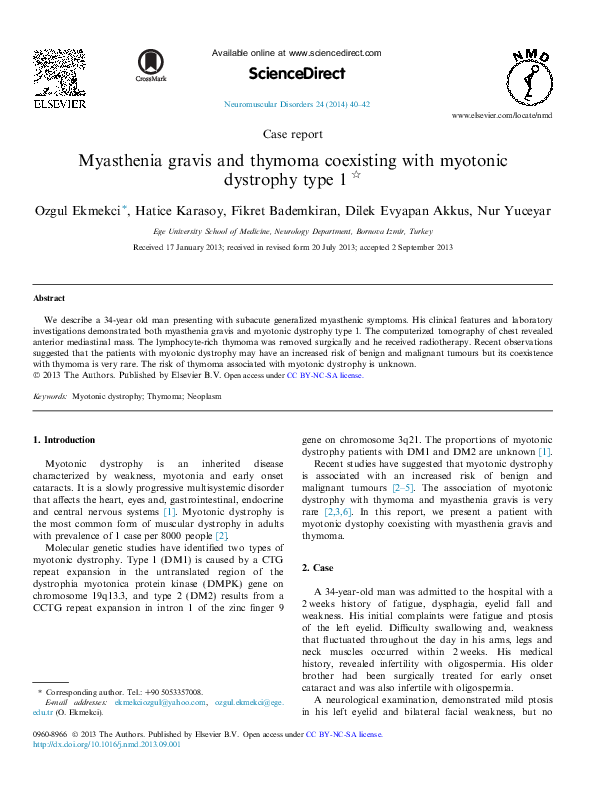 (PDF) Myasthenia gravis and thymoma coexisting with myotonic dystrophy type 1 | Hatice Karasoy ...