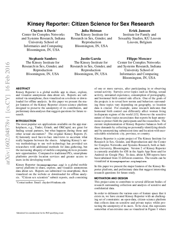 (PDF) Kinsey Reporter: Citizen Science for Sex Research