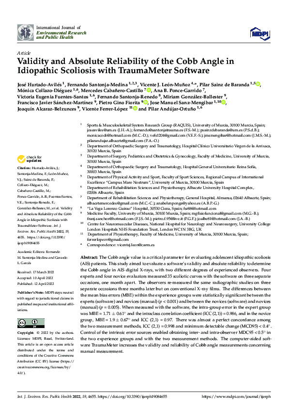 Pdf Validity And Absolute Reliability Of The Cobb Angle In Idiopathic Scoliosis With