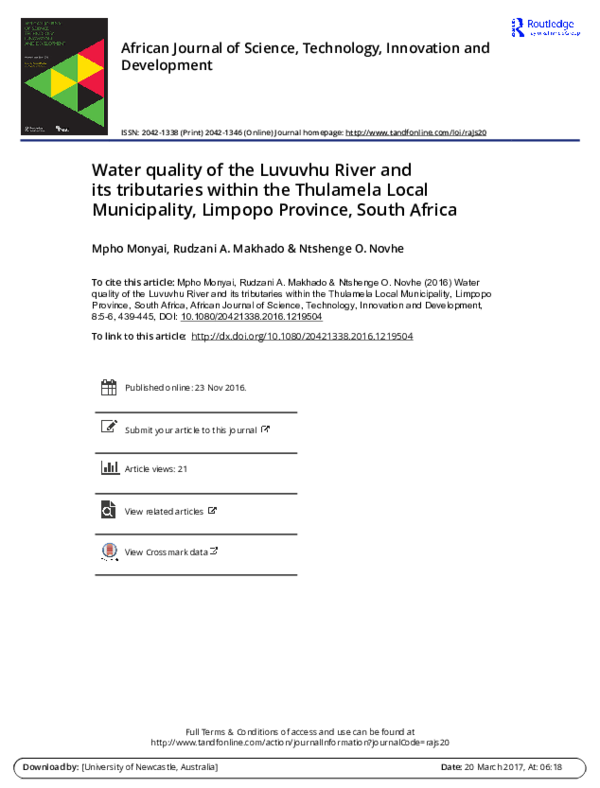 (PDF) Water quality of the Luvuvhu River and its tributaries within the ...