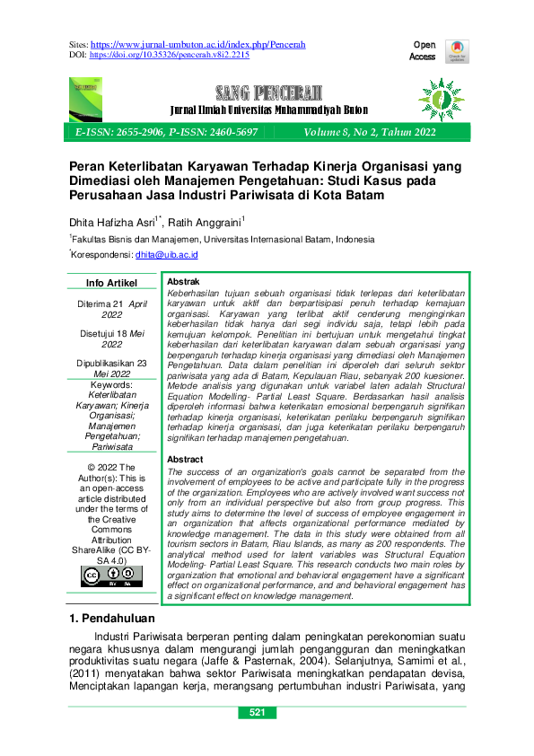 (PDF) Peran Keterlibatan Karyawan Terhadap Kinerja Organisasi yang Dimediasi oleh Manajemen ...