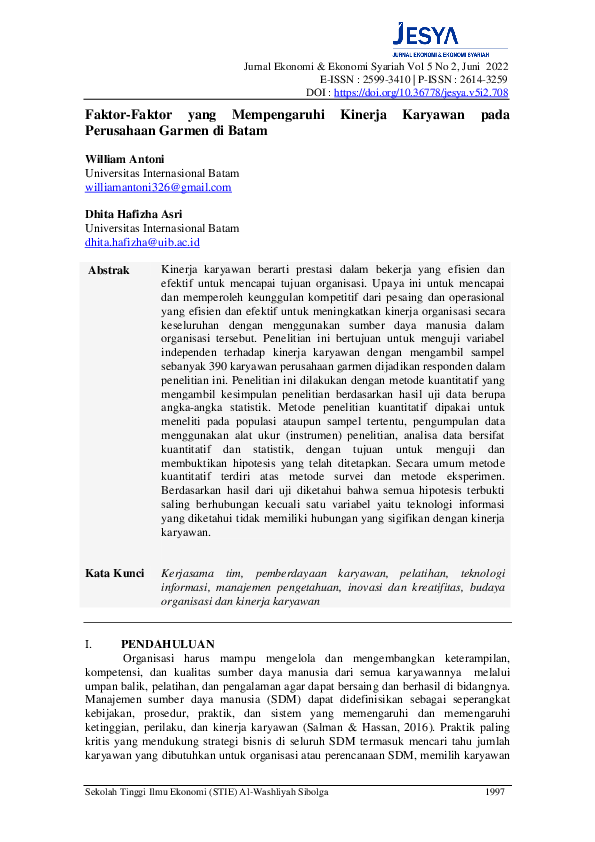 (PDF) Faktor-Faktor yang Mempengaruhi Kinerja Karyawan pada Perusahaan Garmen di Batam