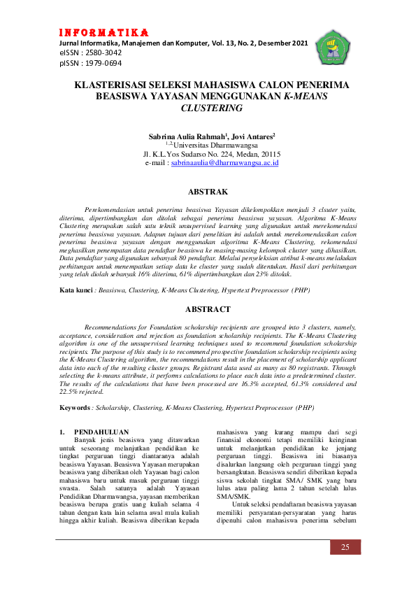 (PDF) Klasterisasi Seleksi Mahasiswa Calon Penerima Beasiswa Yayasan Menggunakan K-Means ...