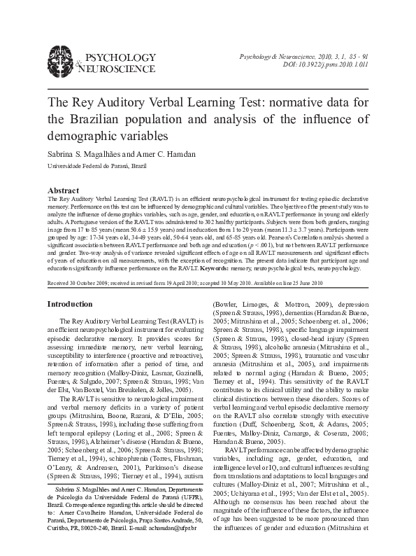 (PDF) The Rey Auditory Verbal Learning Test: Normative data for the ...