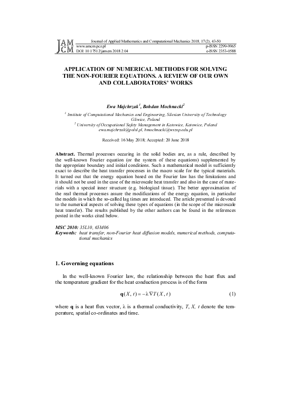 Pdf Application Of Numerical Methods For Solving The Non Fourier Equations A Review Of Our