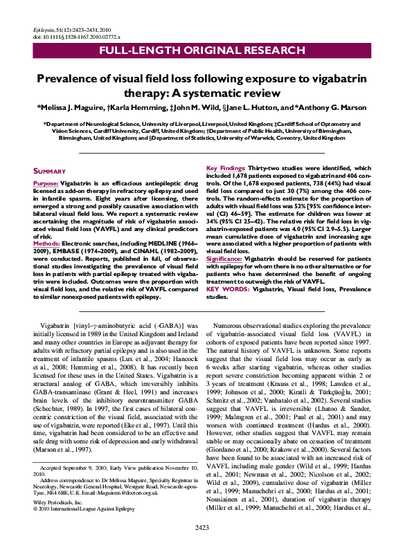 (PDF) Prevalence of visual field loss following exposure to vigabatrin ...