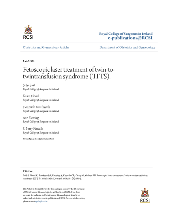 (PDF) Fetoscopic laser treatment of twin-to-twintransfusion syndrome (TTTS)
