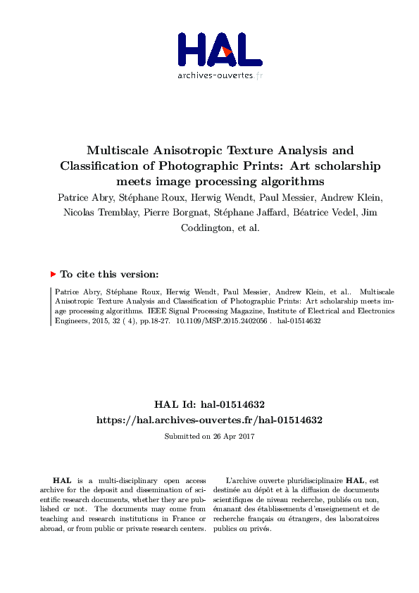 (PDF) Multiscale Anisotropic Texture Analysis and Classification of Photographic Prints: Art ...