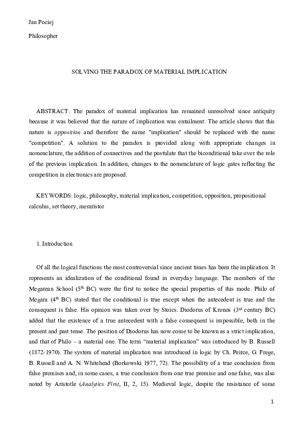 (PDF) Solving the Paradox of Material Implication - 2024