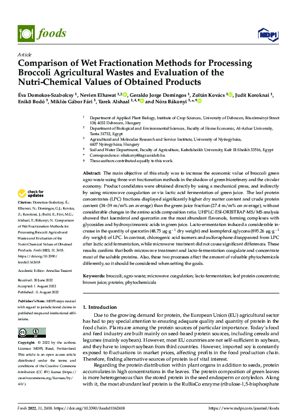 (PDF) Comparison of Wet Fractionation Methods for Processing Broccoli ...