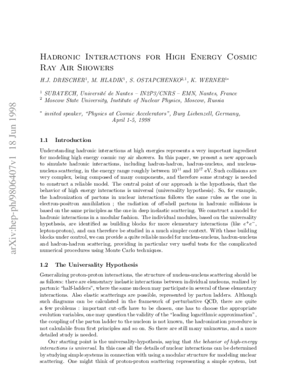 (PDF) Hadronic Interactions for High Energy Cosmic Ray Air Showers