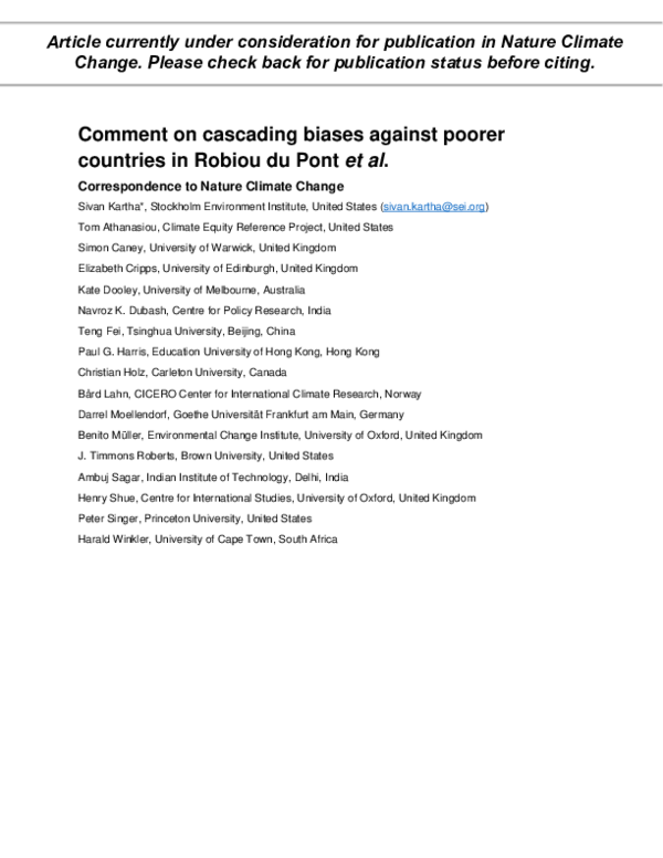 (PDF) Response to Robiou Du Pont Et Al on Climate Equity ...