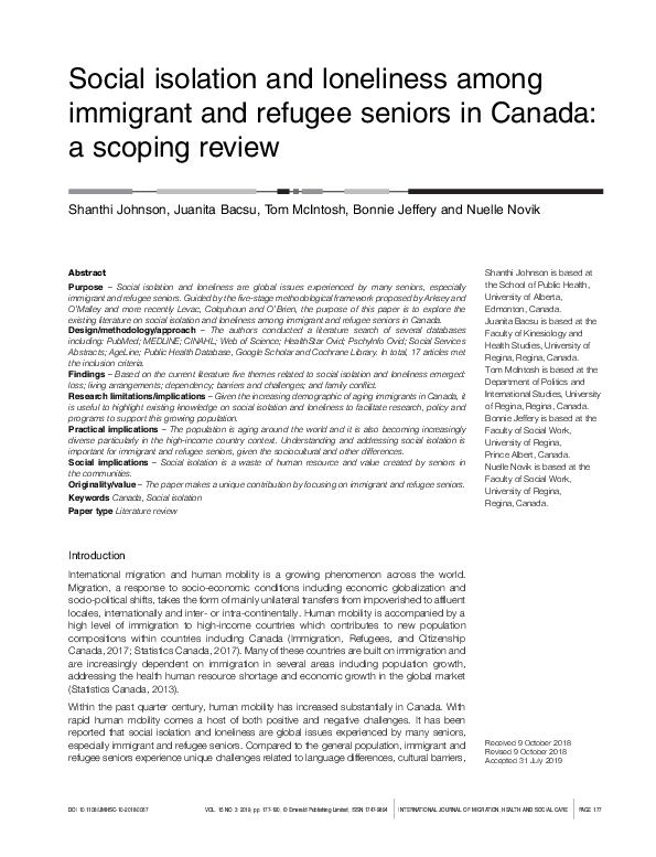 (PDF) Social isolation and loneliness among immigrant and refugee ...