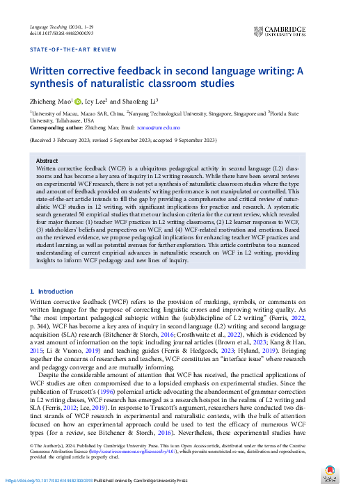 (PDF) Mao, Z., Lee, I., & Li, S. (2024). Written corrective feedback in ...