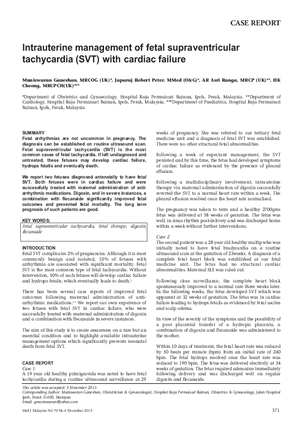 (PDF) Intrauterine management of fetal supraventricular tachycardia ...