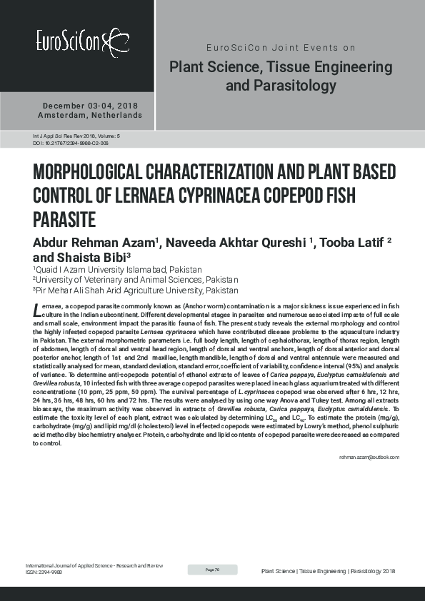(PDF) Morphological characterization and plant based control of Lernaea ...