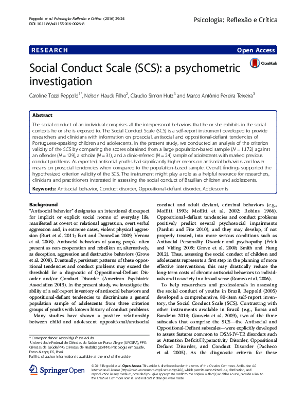 (PDF) Social Conduct Scale (SCS): a psychometric investigation ...