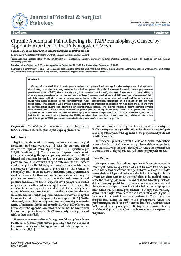 (PDF) Chronic Abdominal Pain following the TAPP Hernioplasty, Caused by ...