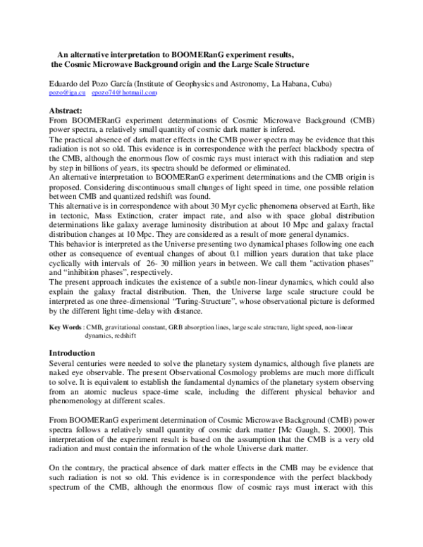 (PDF) An alternative interpretation to BOOMERanG experiment results ...