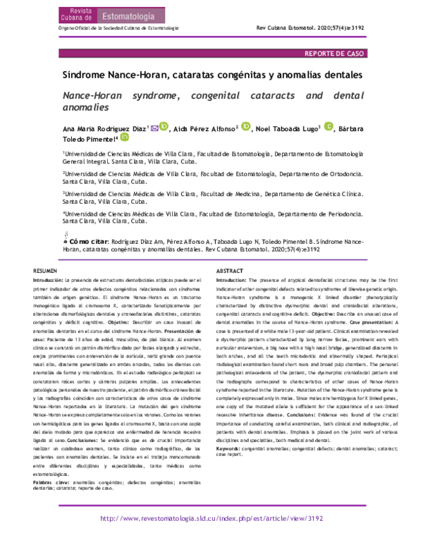 (PDF) Síndrome Nance-Horan, cataratas congénitas y anomalías dentales