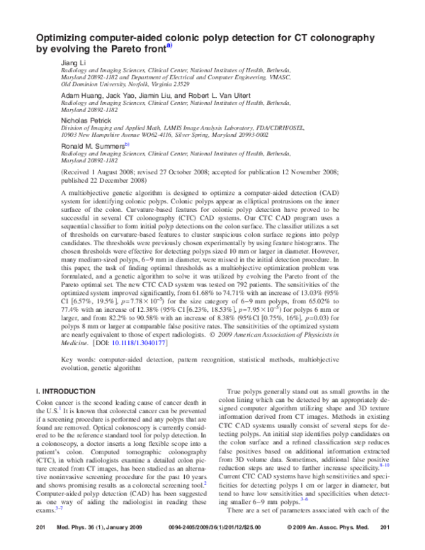 (PDF) Optimizing computer‐aided colonic polyp detection for CT colonography by evolving the ...