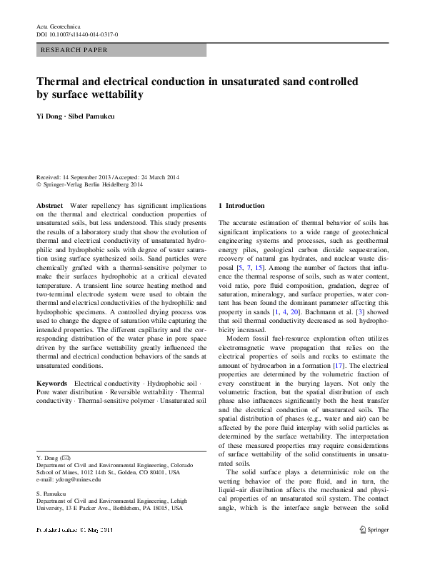 (PDF) Thermal and electrical conduction in unsaturated sand controlled ...