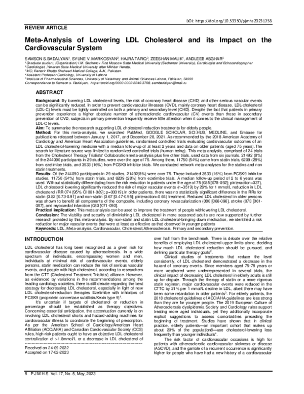 (PDF) Meta-Analysis of Lowering LDL Cholesterol and its Impact on the ...