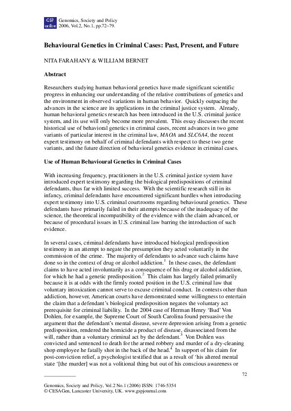 (PDF) Behavioural Genetics in Criminal Cases: Past, Present and Future