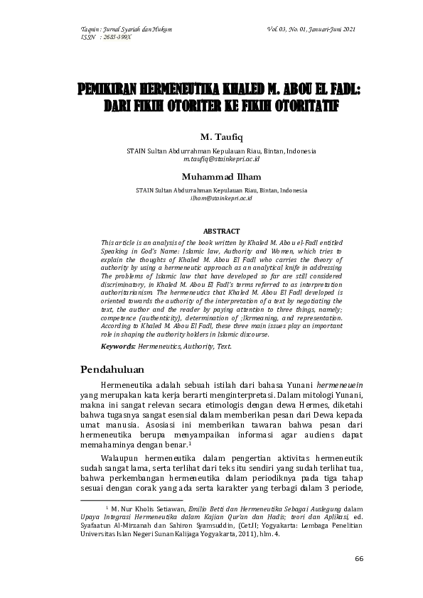 (PDF) Pemikiran Hermeneutika Khaled M. Abou El Fadl: Dari Fikih ...