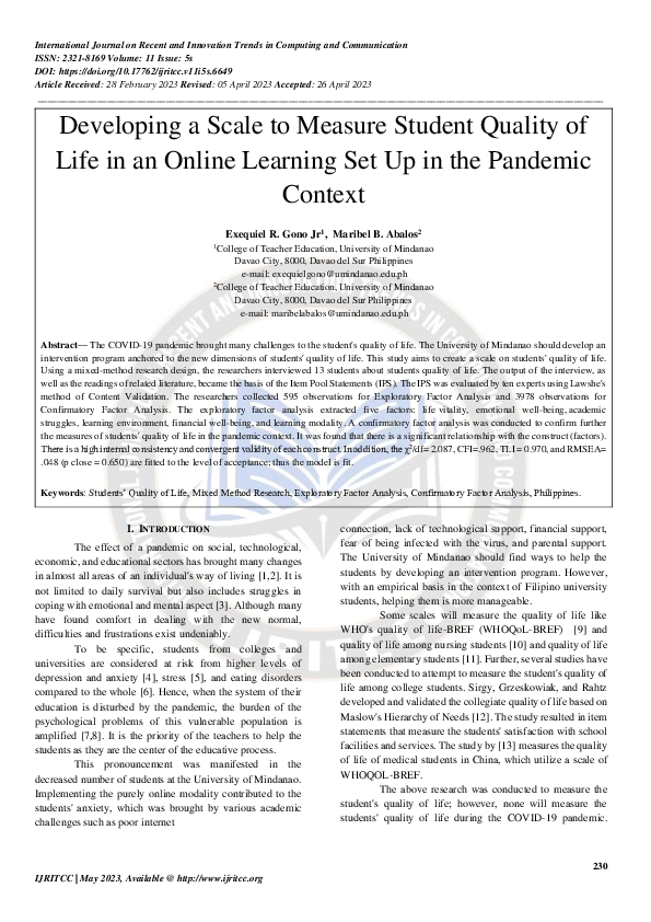 (PDF) Developing a Scale to Measure Student Quality of Life in an Online Learning Set Up in the ...