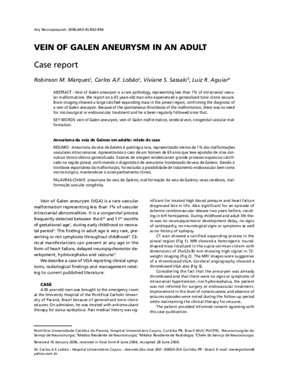 (PDF) Vein of Galen aneurysm in an adult: case report | Luiz Aguiar - Academia.edu