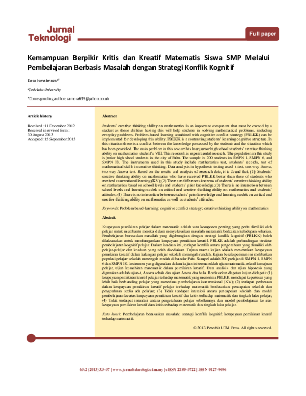 (PDF) Kemampuan Berpikir Kritis dan Kreatif Matematis Siswa SMP Melalui Pembelajaran Berbasis ...