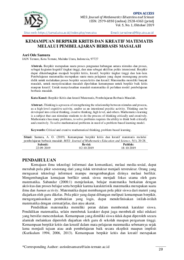 (PDF) Kemampuan Berpikir Kritis Dan Kreatif Matematis Melalui Pembelajaran Berbasis Masalah