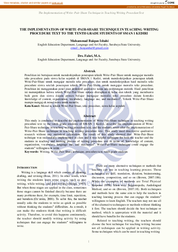 (PDF) The Implementation of Write-Pair-Share Technique in Teaching ...
