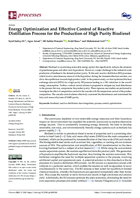 (PDF) Energy Optimization and Effective Control of Reactive Distillation Process for the ...