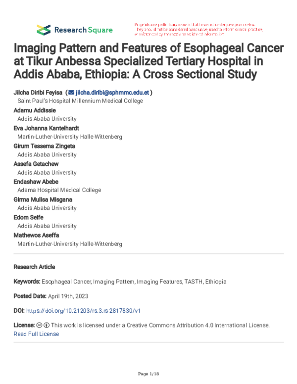 (PDF) Imaging Pattern and Features of Esophageal Cancer at Tikur ...