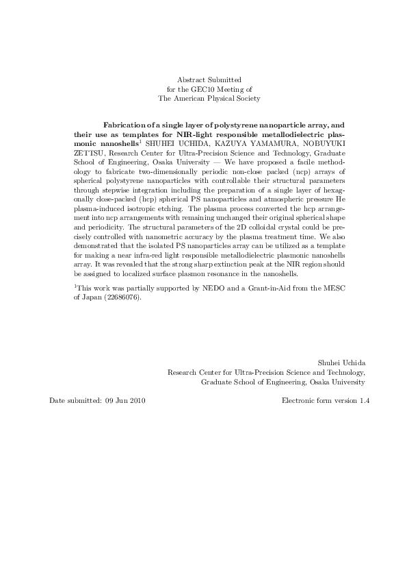 (PDF) Fabrication of a single layer of polystyrene nanoparticle array ...