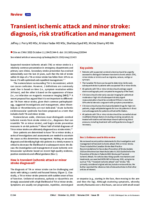 (PDF) Transient ischemic attack and minor stroke: diagnosis, risk stratification and management