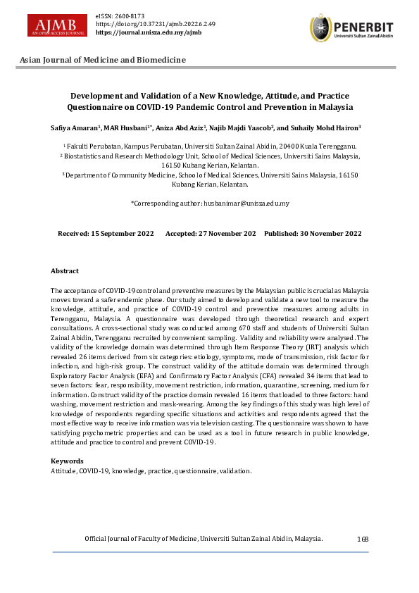 (PDF) Development and Validation of a New Knowledge, Attitude, and Practice Questionnaire on ...