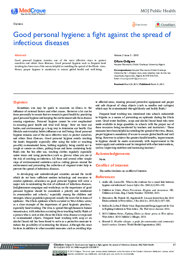 (PDF) Good Personal Hygiene: A Fight against the Spread of Infectious ...