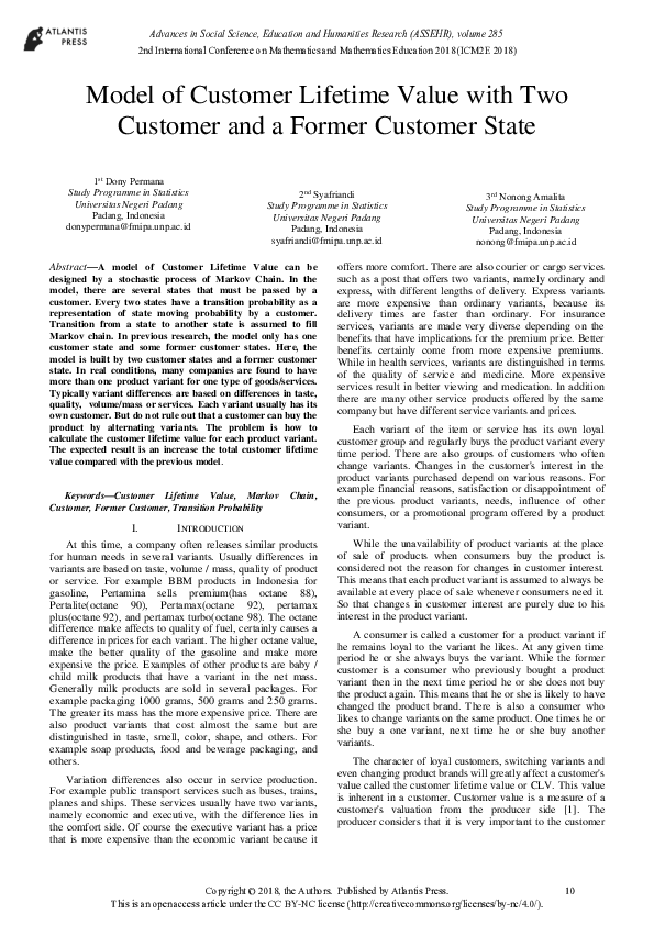 (PDF) Model of Customer Lifetime Value with Two Customer and a Former ...