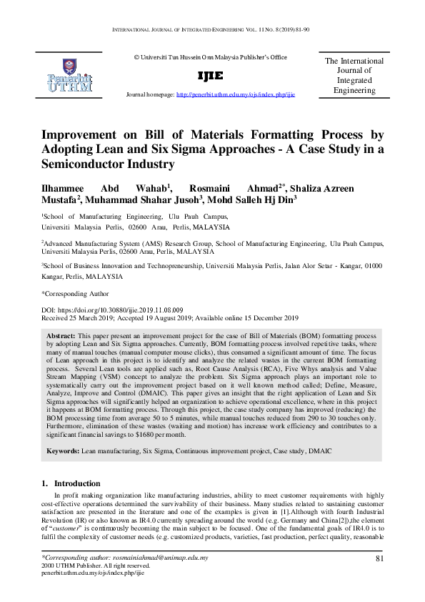 (PDF) Improvement on Bill of Materials Formatting Process by Adopting Lean and Six Sigma ...