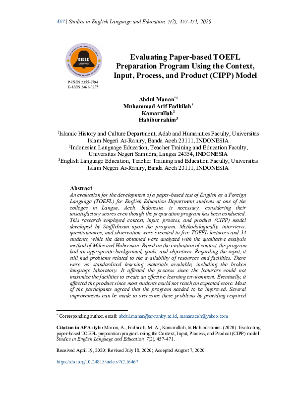 (PDF) Evaluating paper-based TOEFL preparation program using the Context, Input, Process, and ...