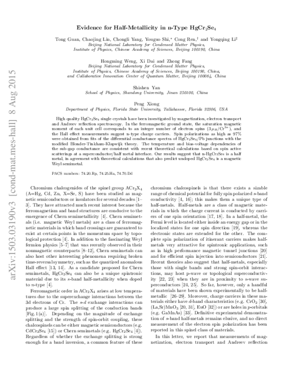 (PDF) Single s-band Half-Metallicity in n-type HgCr2Se4 | Peng Xiong ...
