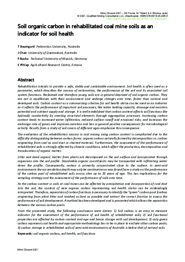 (PDF) Soil organic carbon in rehabilitated coal mine soils as an indicator for soil health