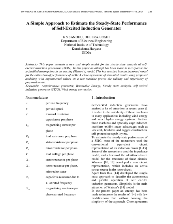 Pdf A Simple Approach To Estimate The Steady State Performance Of Self Excited Induction Generator